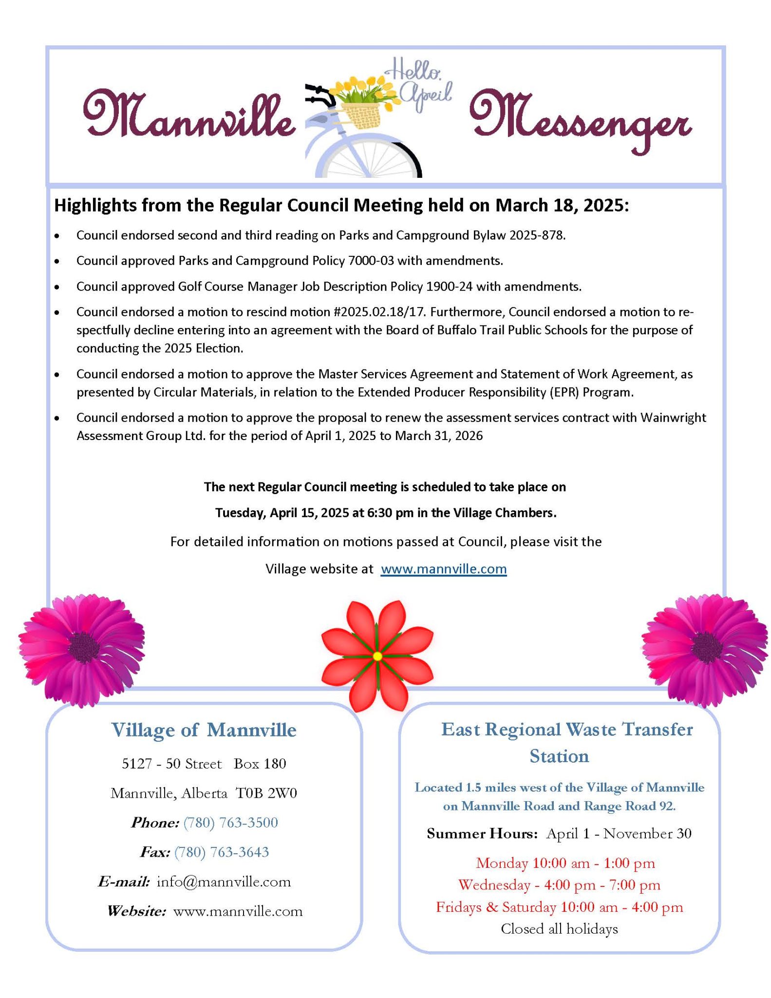 Village Newsletter – Village of Mannville